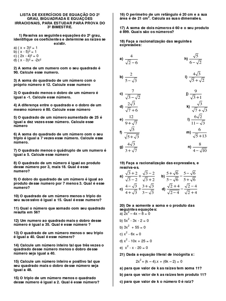 Lista De Exercicios Equações Do 2° Grau 9° Ano C E E