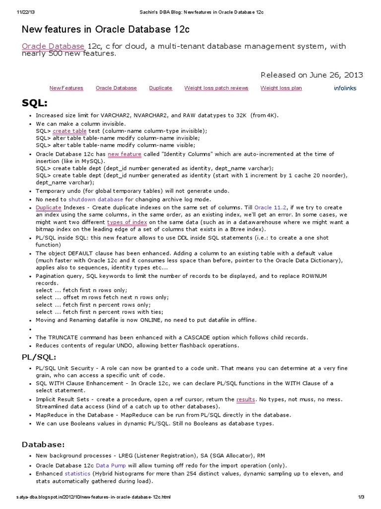 New Features in Oracle Database 12c | PDF | Oracle Database | Pl/Sql