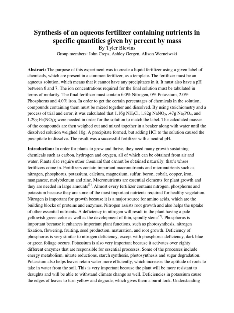 Liquid Fertilizer Lab Report | Fertilizer | Chemical Elements