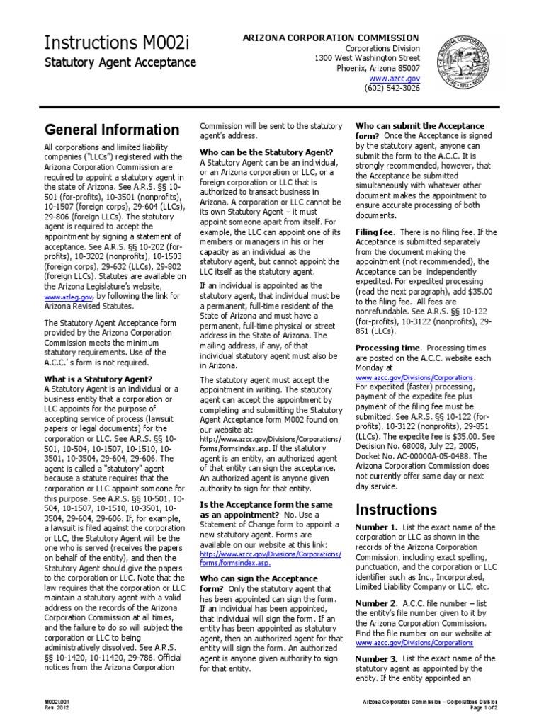 Arizona Statutory Agent Acceptance Guide | PDF | Limited Liability ...