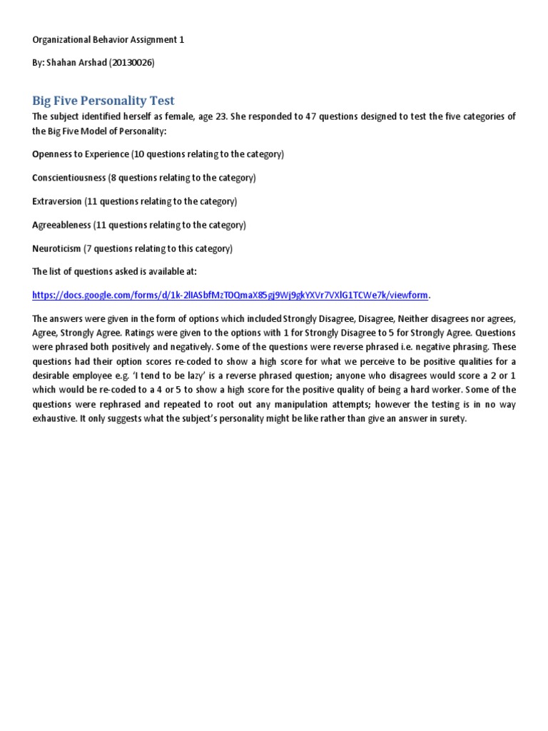 Organizational Behavior Assignment 1 | PDF | Extraversion And Introversion | Psychological Theories
