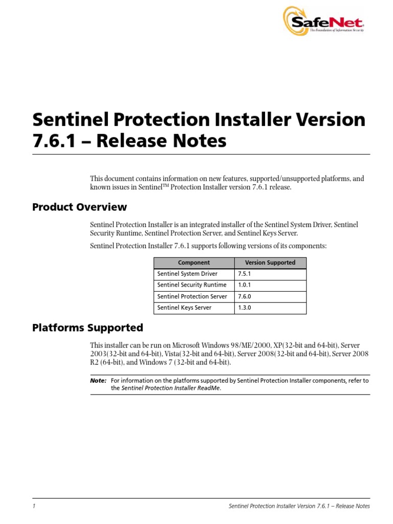 Sentinel Protection Installer Version 7.6.1 - Release Notes: Product ...