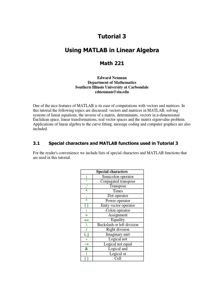 Matlab Tutorial3 Pdf Matrix Mathematics Eigenvalues And Eigenvectors