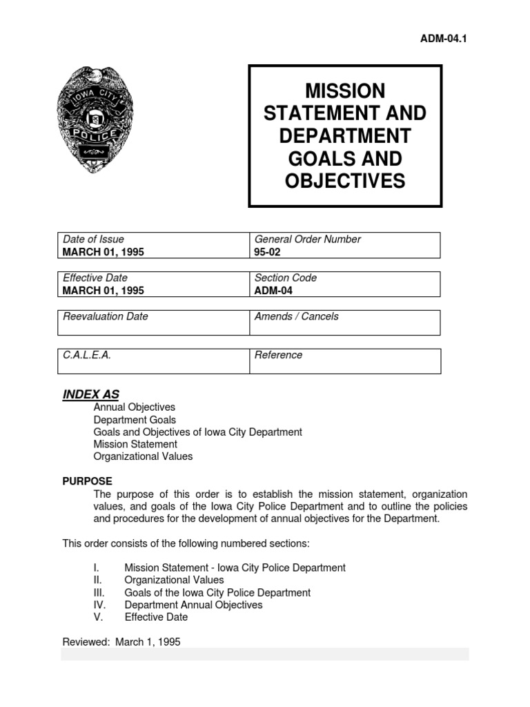 Mission Statement and Department Goals and Objectives: Date of Issue ...