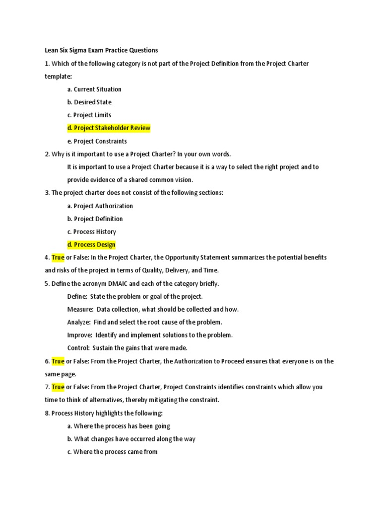 Lean Six Sigma Exam Practice Questions | PDF | Business Process | Causality
