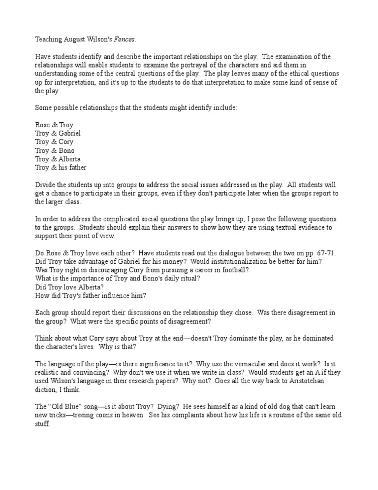 A Lesson Plan For August Wilson's Fences | PDF | Fences (Play) | Lesson ...