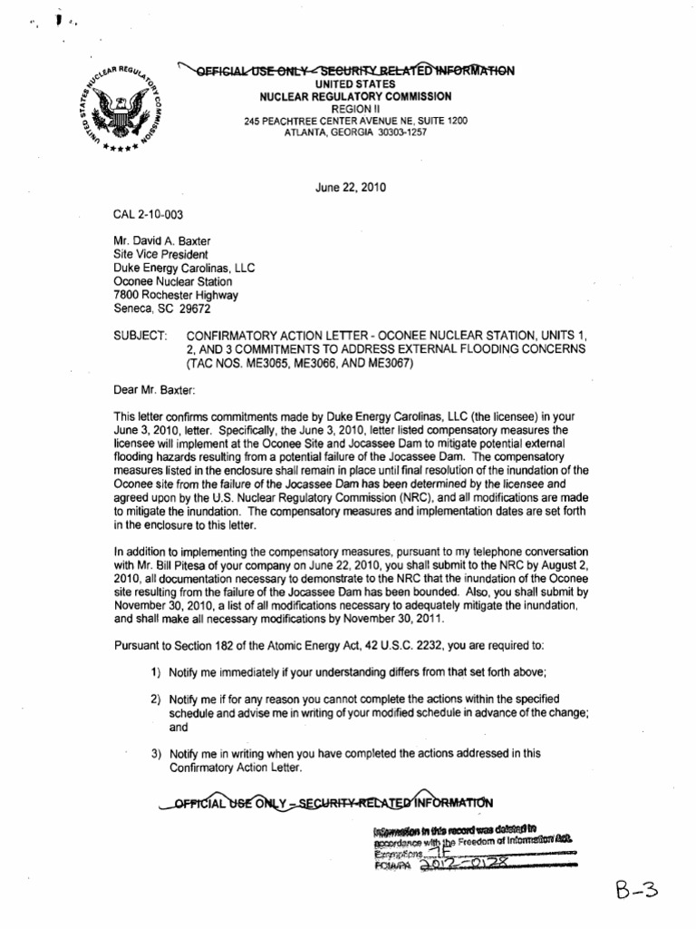 NRC Letter To Duke Energy Re: Oconee | PDF | Nuclear Regulatory ...