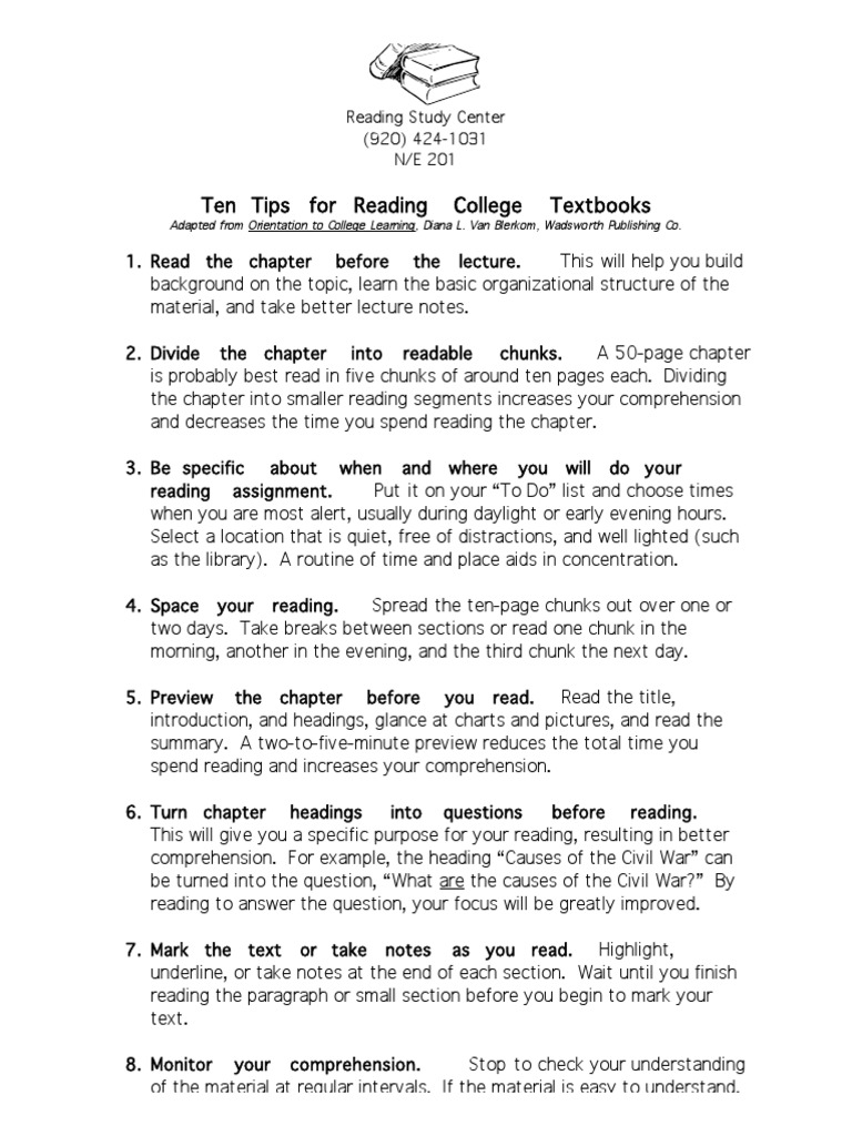 Ten Tips For Reading College Textbooks Reading Study Center 920 424