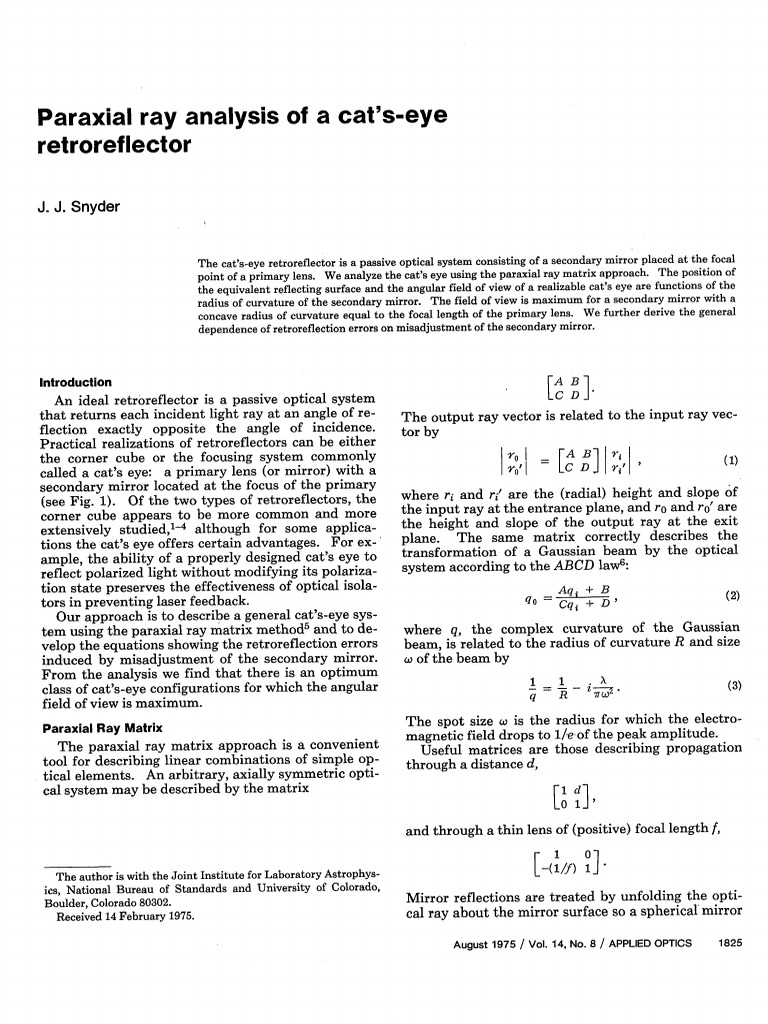 Retroreflector: Paraxial Ray Analysis of A Cat's-Eye | PDF | Lens ...