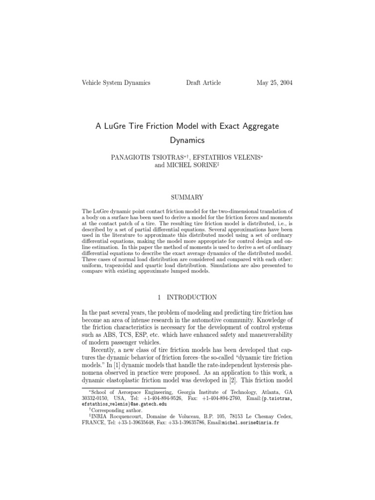 A Lugre Tire Friction Model With Exact Aggregate Dynamics: (P.Tsiotras ...