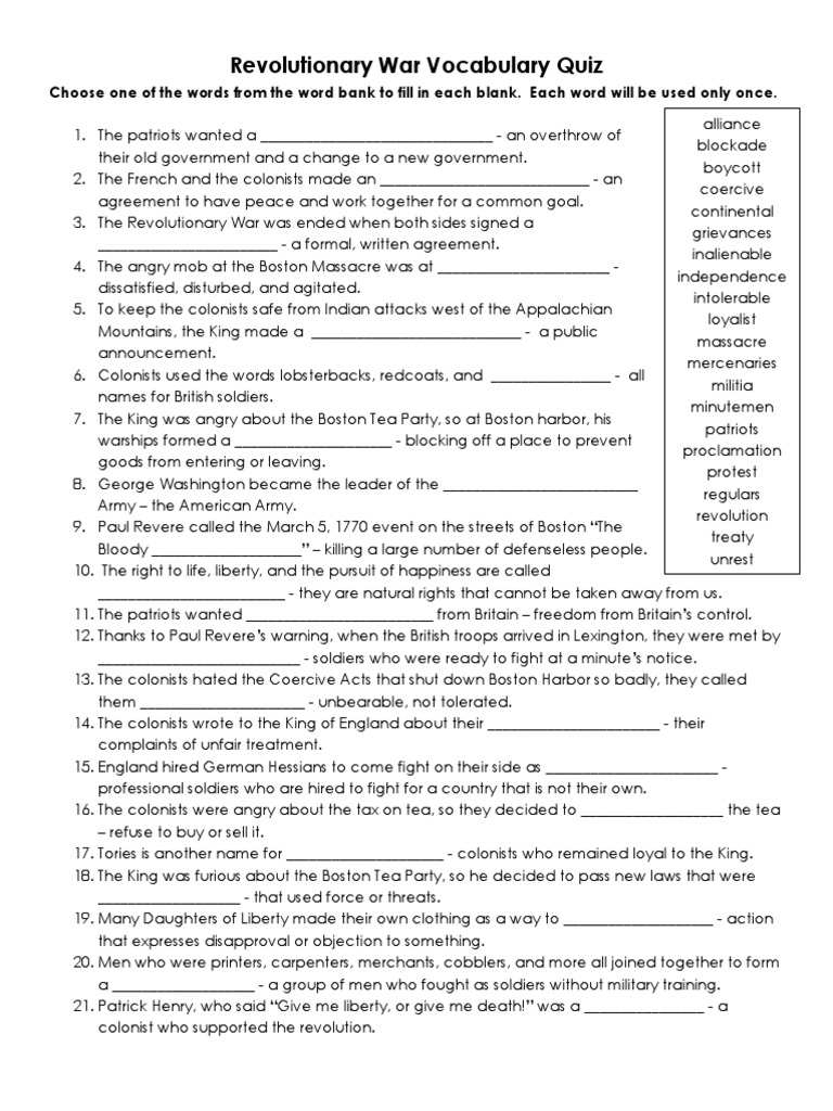 Revolutionary War Vocabulary Quiz | PDF | American Revolutionary War ...