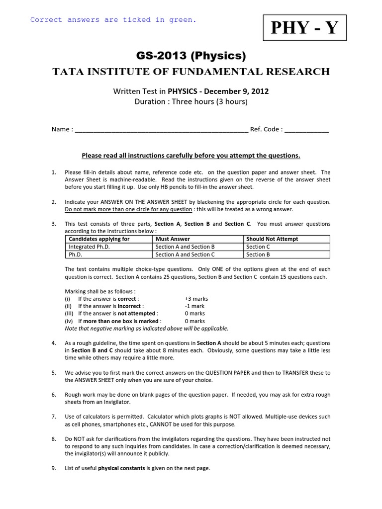 TIFR Physics Test Guide | PDF | Electronvolt | Prism