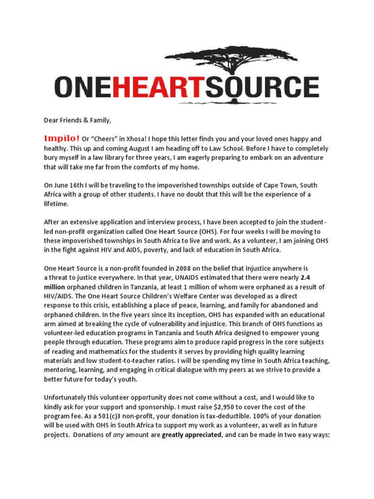 Sean's Letter - One Heart Source | PDF | Volunteering | South Africa