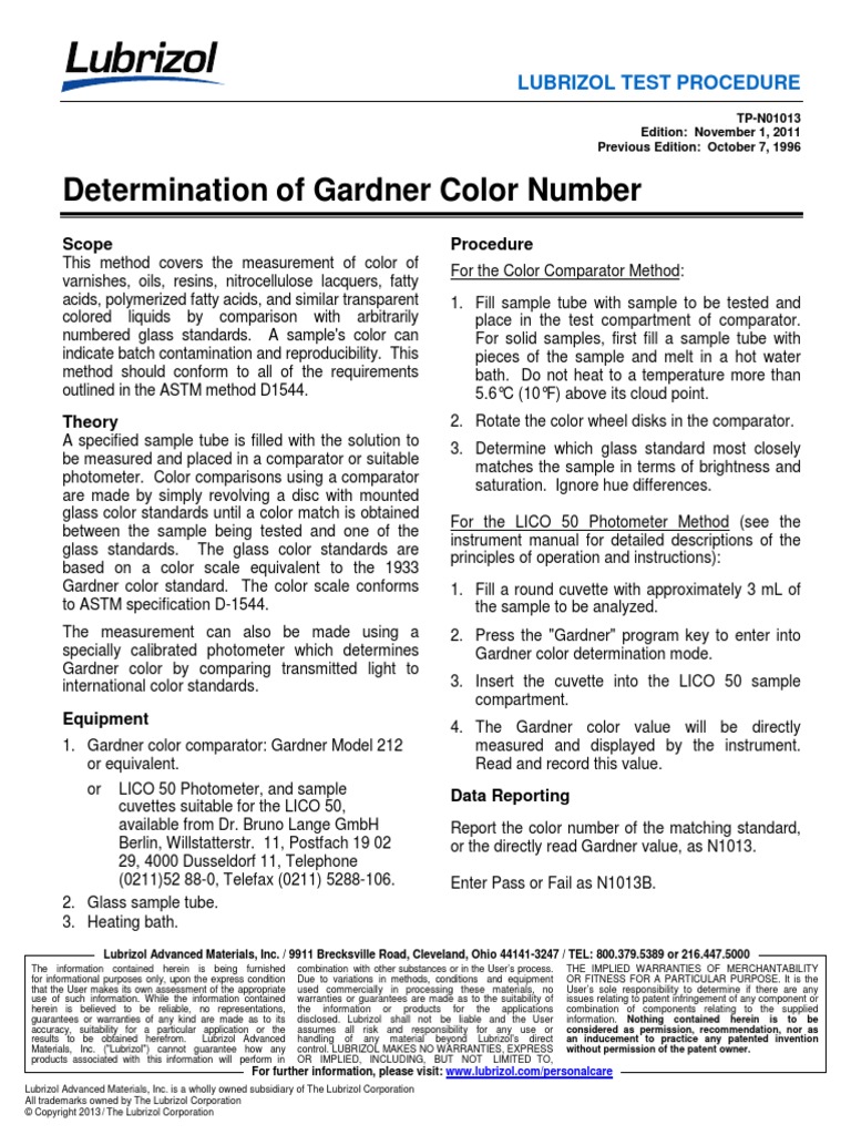 TP-N01013 Determination of Gardner Color Number | PDF | Glasses | Color