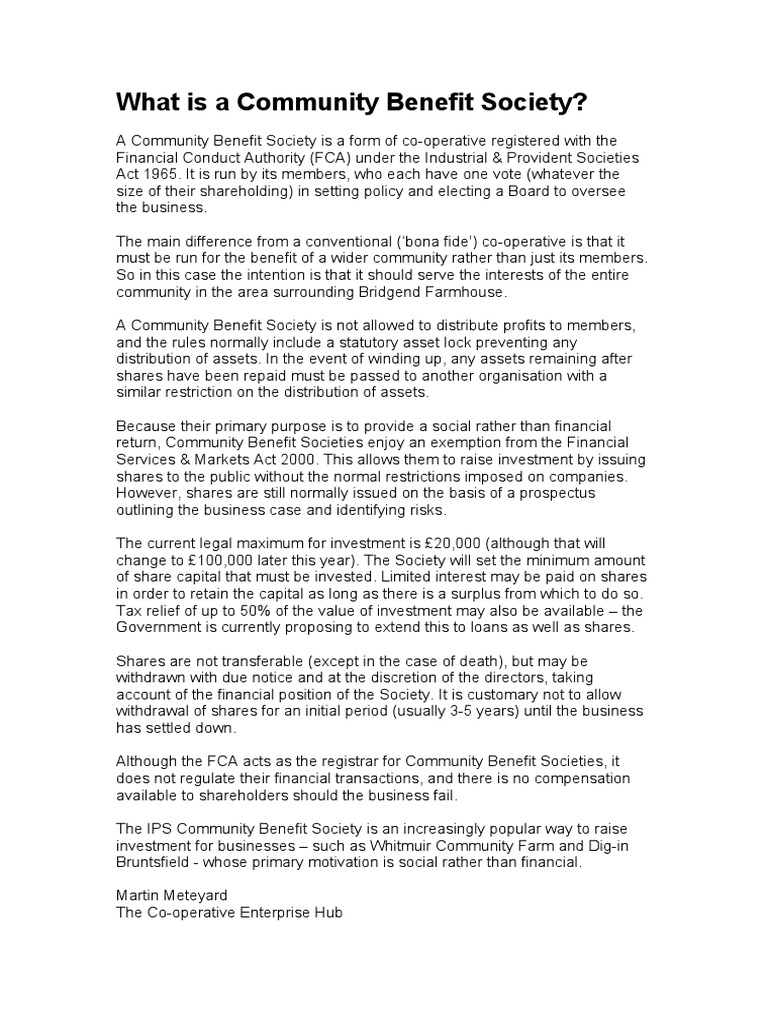 What Is A Community Benefit Society | PDF | Economies | Corporations