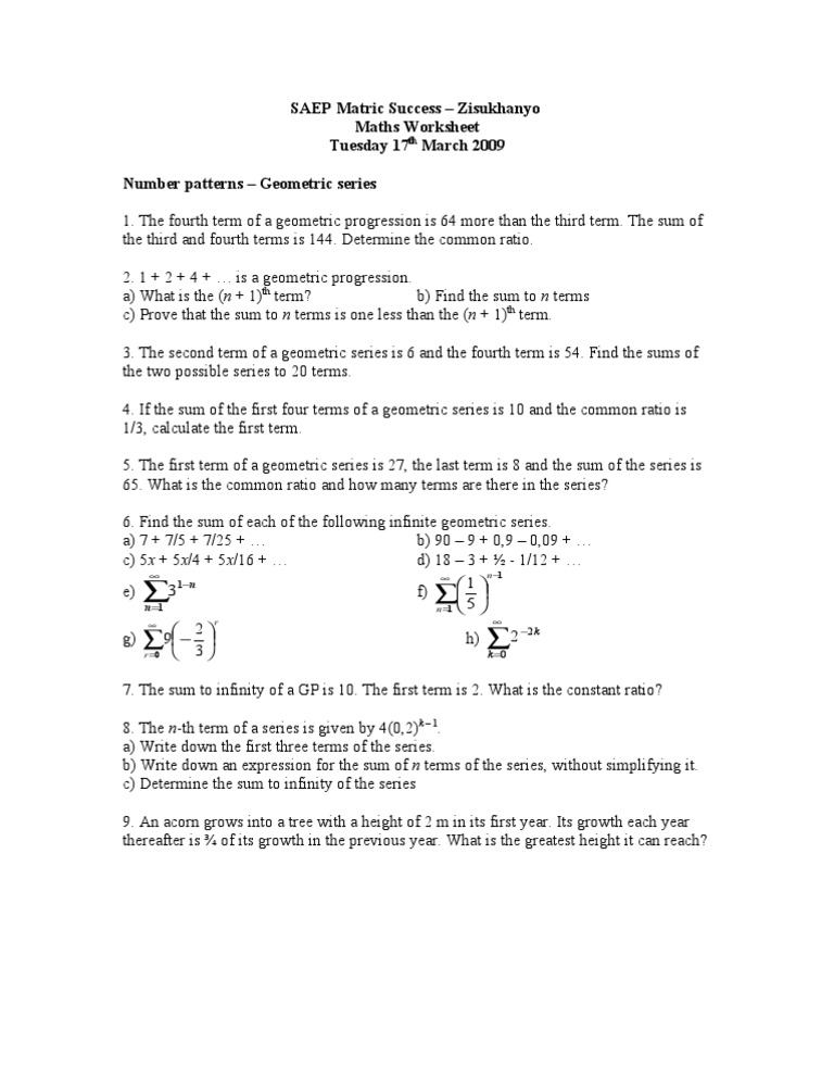 Maths Worksheet - Geometric Series | PDF