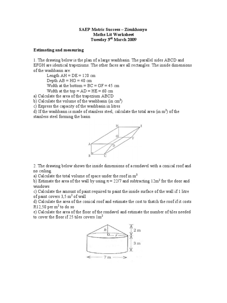 Maths Lit Worksheet - Estimating and Measuring | PDF | Sphere | Area
