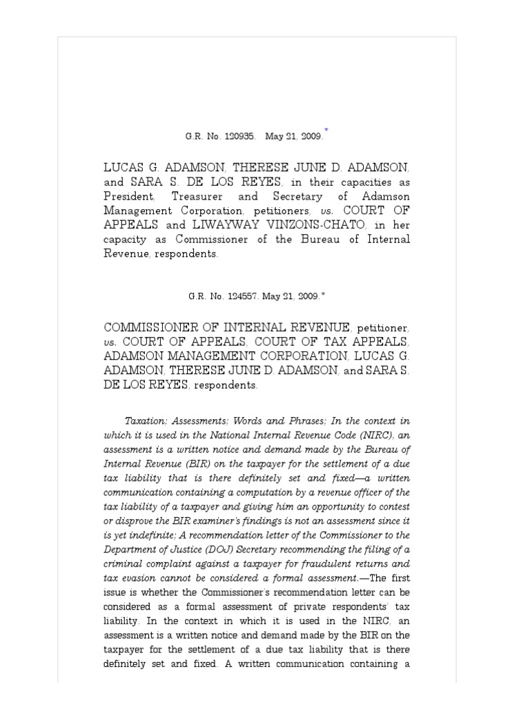 Adamson Vs CA | PDF | Tax Refund | Taxes