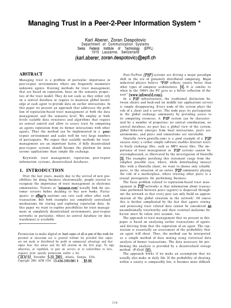 Managing Trust in A Peer-2-Peer Information System : Karl Aberer, Zoran Despotovic | PDF | Peer ...