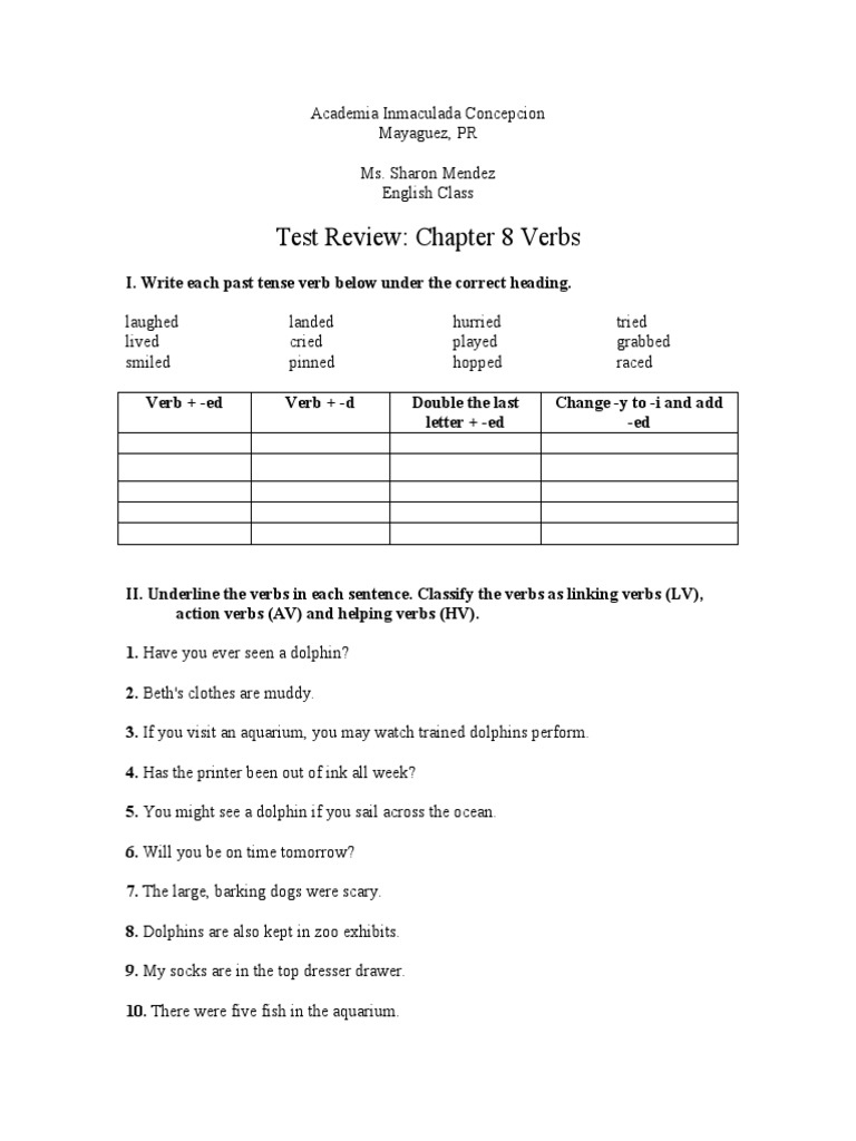 Test Review Chapter 8 Verbs | PDF | Verb | Rules