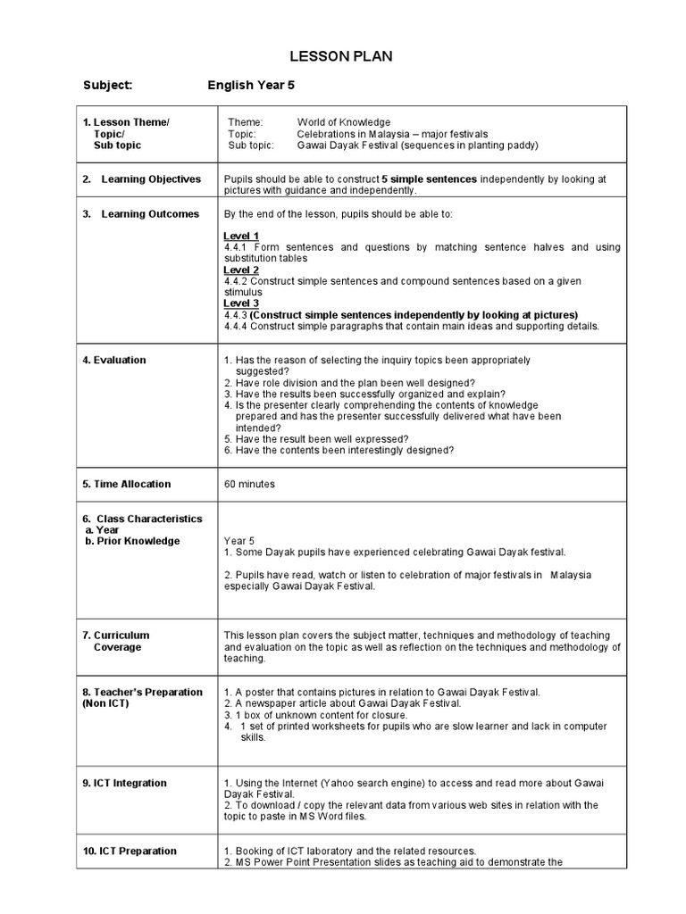 Subject: English Year 5: Lesson Plan | PDF | Lesson Plan | Learning