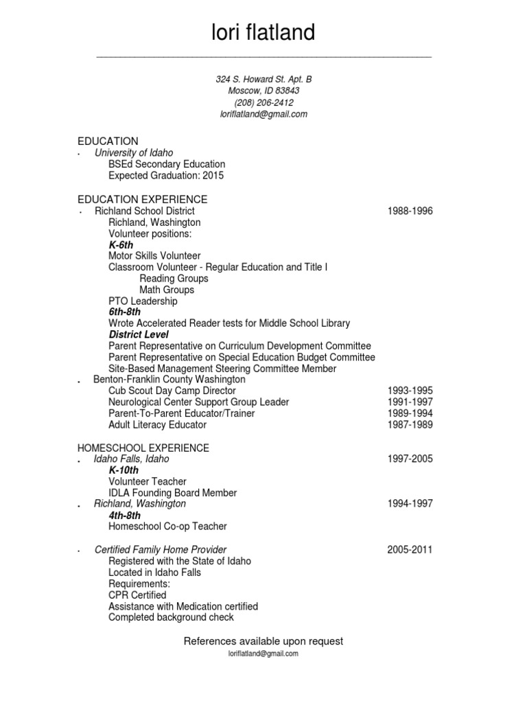 Lori Flatland Education Resume | PDF | Teachers | Pedagogy