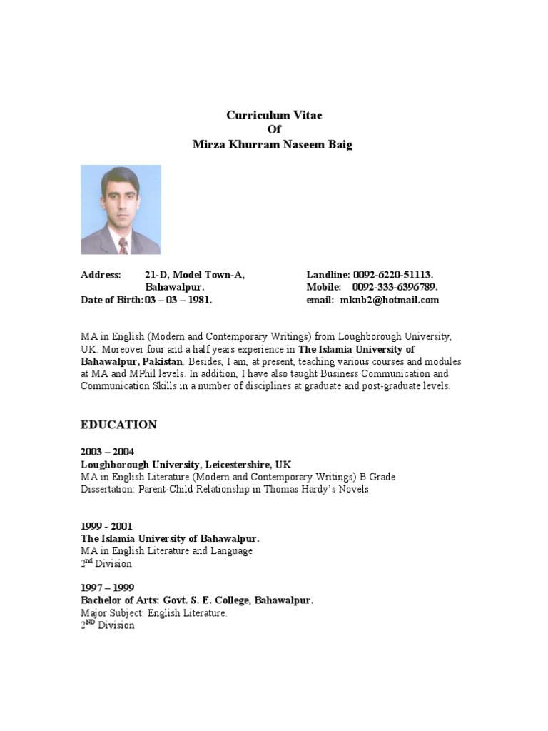 Khurram Mirza CV | PDF | Master Of Arts | Lecturer