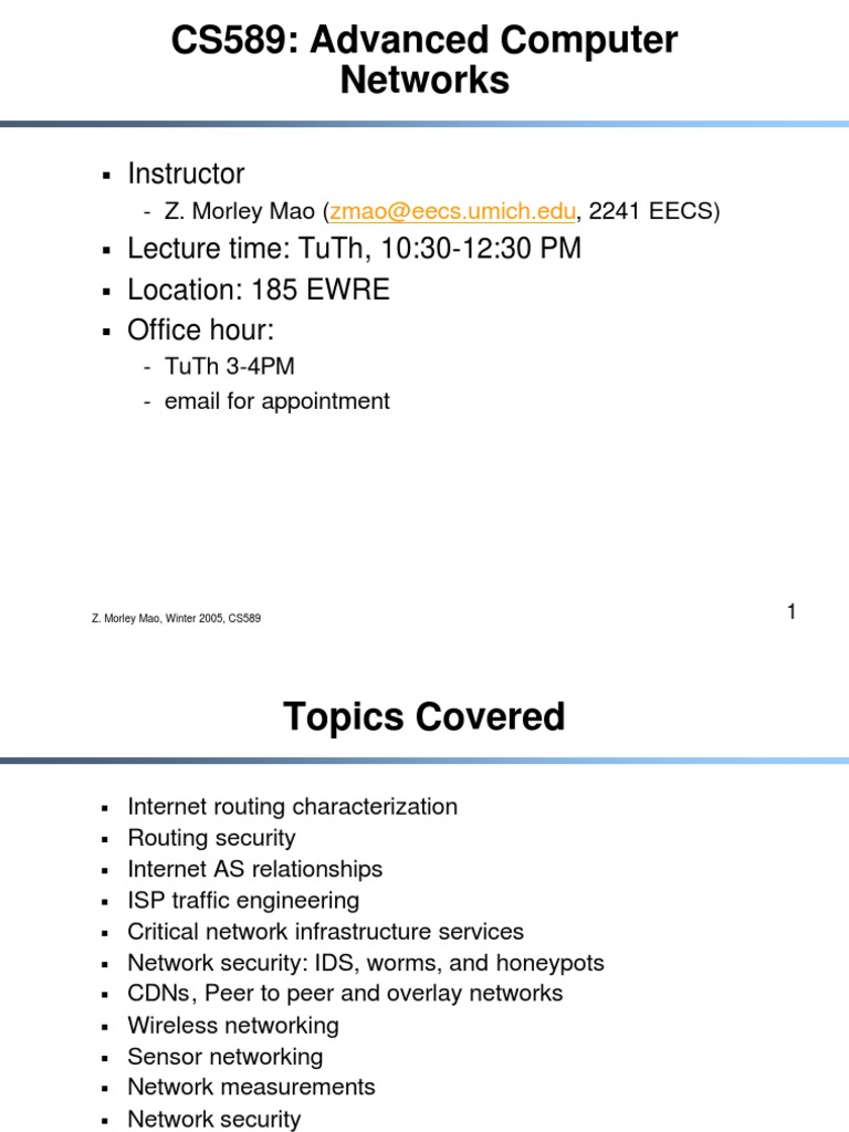 Introduction to CS589: Advanced Computer Networks | PDF | Network Packet | Computer Network