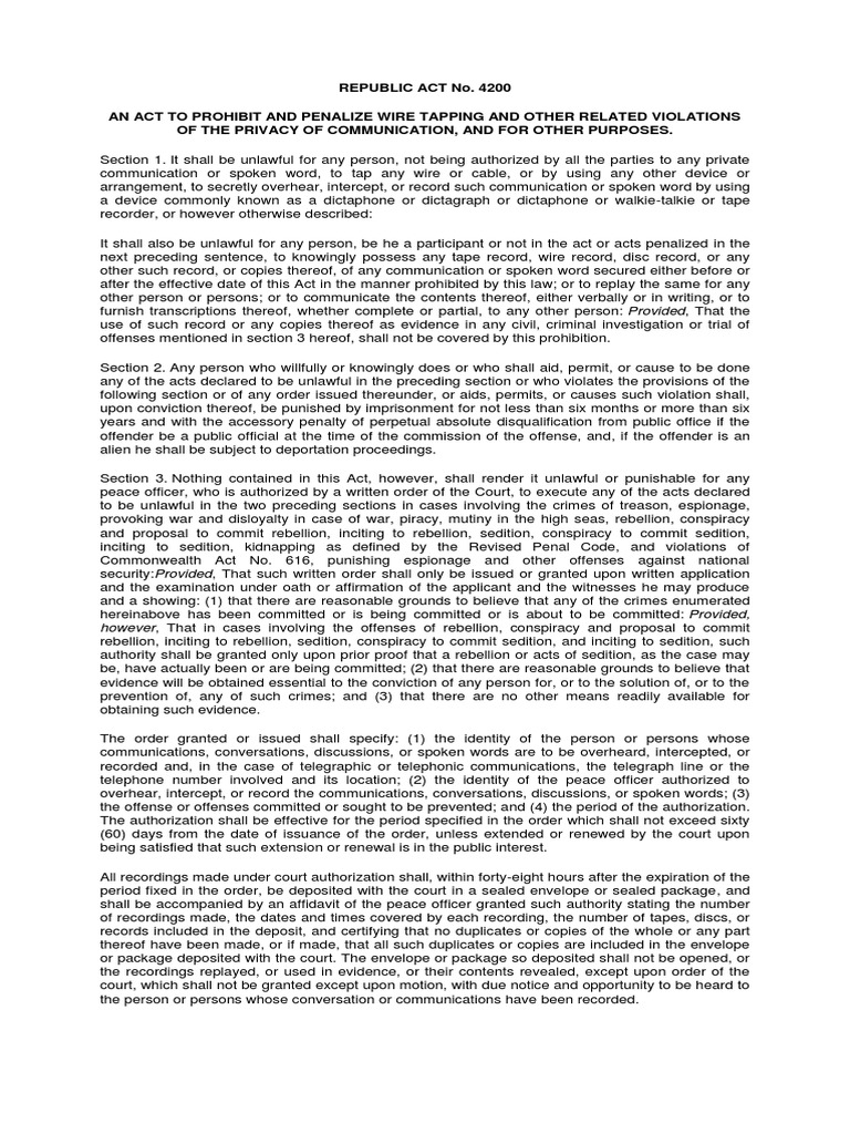 Anti-Wiretapping Law or RA 4200 | PDF | Politics | Social Science