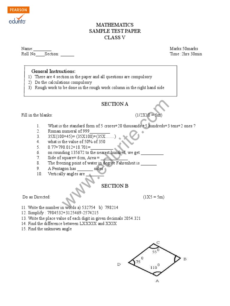Class 5 Cbse Maths Sample Paper Model 1 | PDF | Decimal | Teaching ...