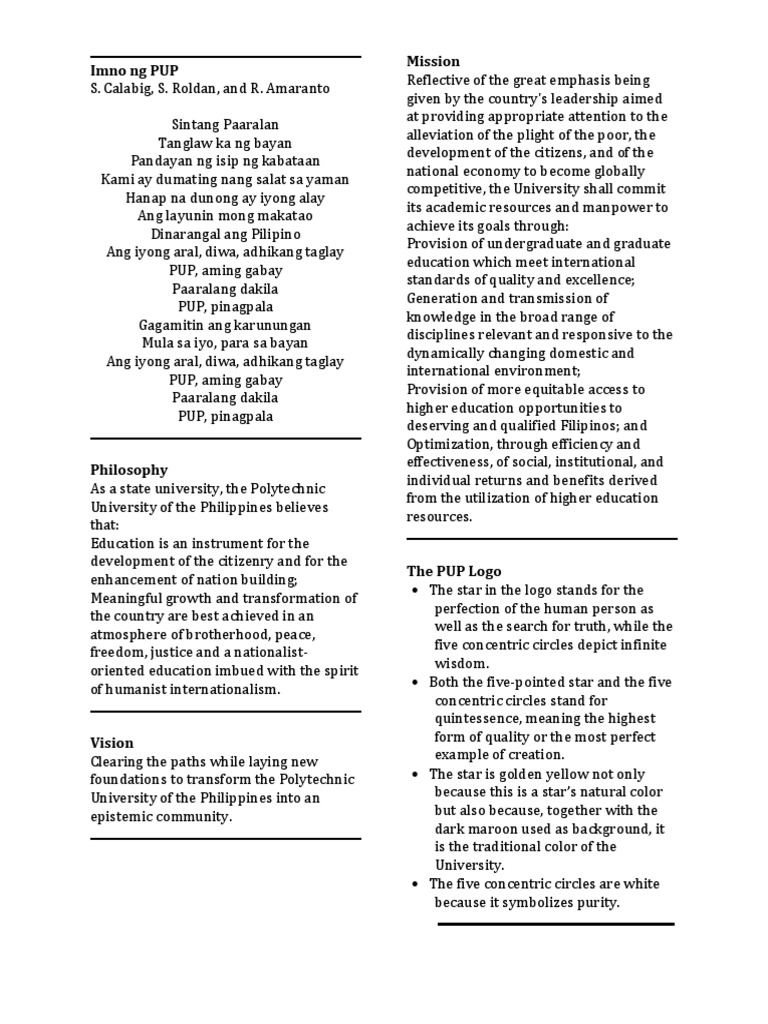 PUP Hymn, Mission, Vision and Philosopy | Science | Epistemology