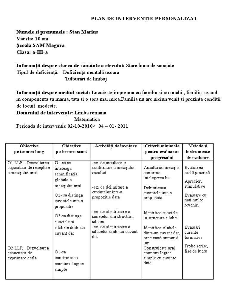 Plan de Interventie Personalizat