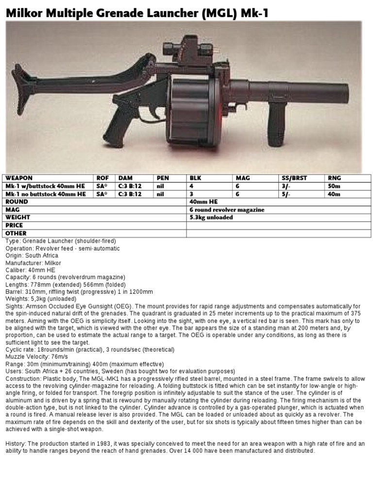 Milkor Multiple Grenade Launcher MGL Mk-1 | PDF | Tools | Projectile ...