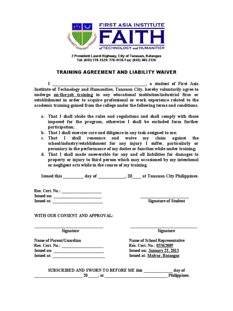 Training Agreement and Liability Waiver | PDF