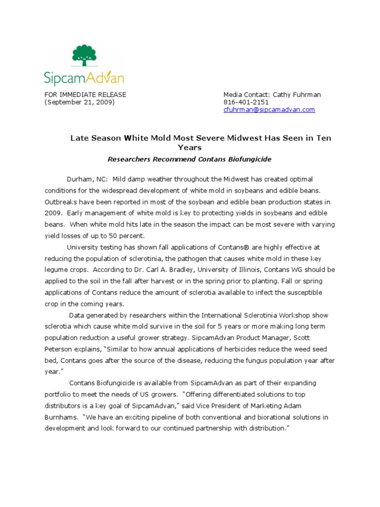Contans White Mold Press Release Final | PDF | Mold | Soybean