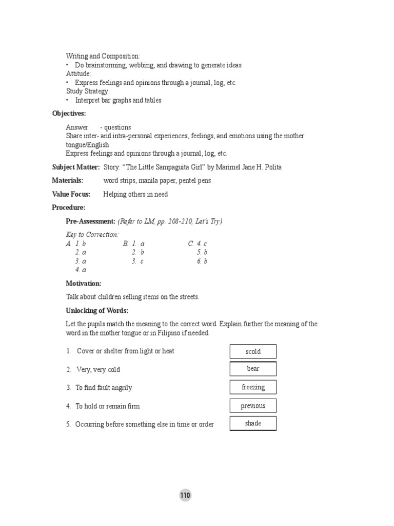 Grade 2 Lesson Plan: Sampaguita Story | PDF | Reading Comprehension ...