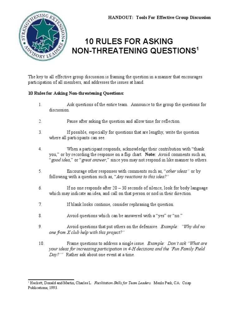 10 Rules For Asking Non-Threatening Questions: HANDOUT: Tools For ...