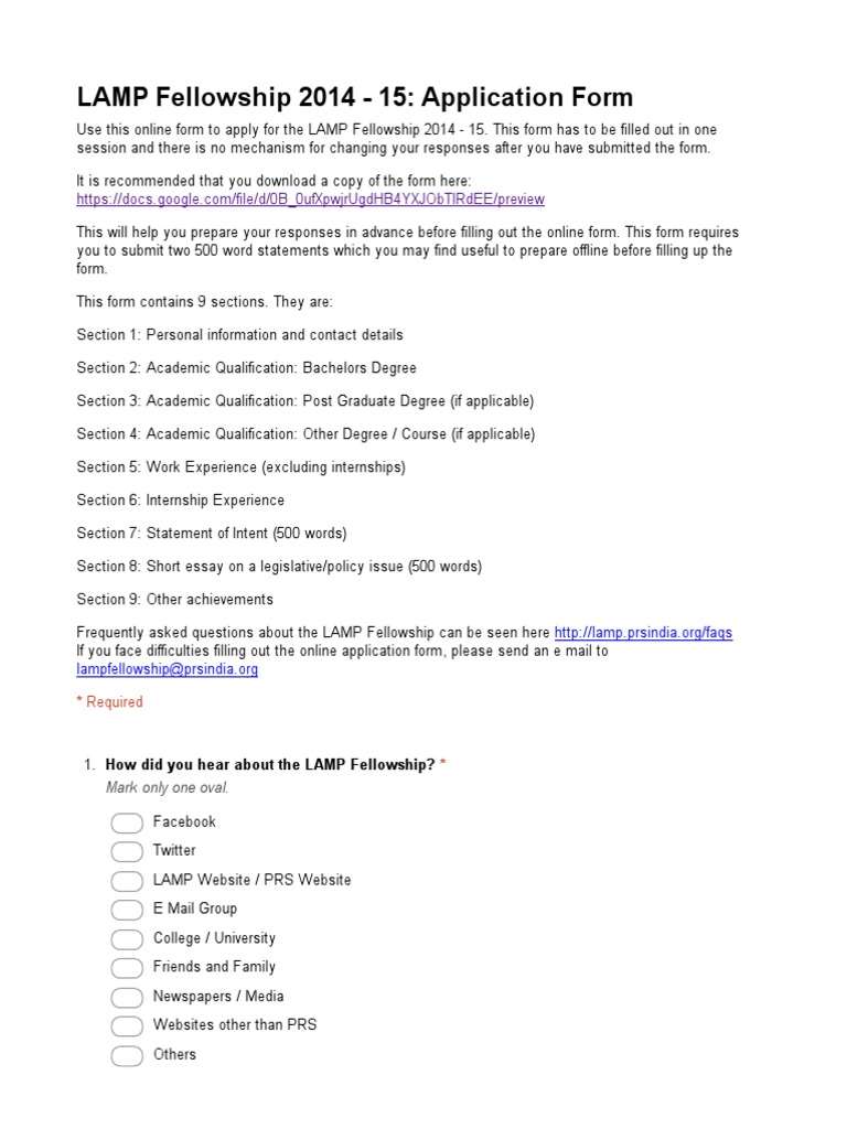 LAMP Fellowship 2014-15 Application Form | PDF | Academia | Business