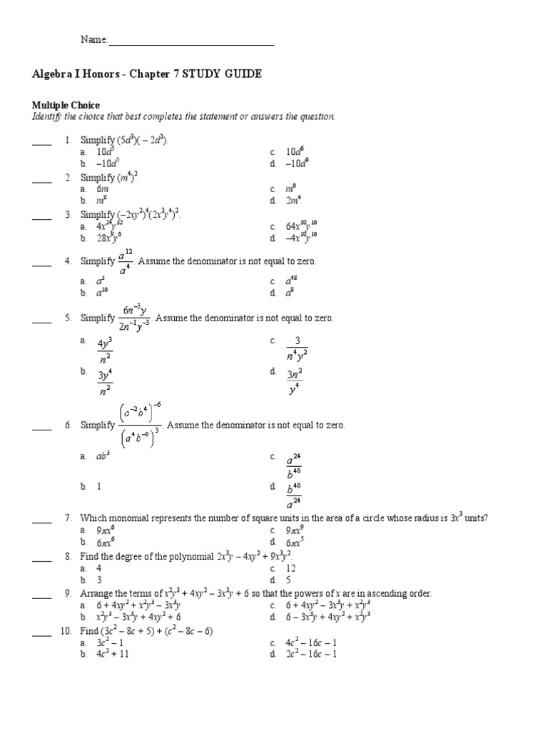 Algebra I Honors - Chapter 7 Study Guide Word1 | PDF | Polynomial ...