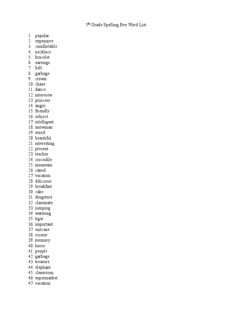 5th Grade Spelling Bee Word List | PDF | Home & Garden | General Fiction