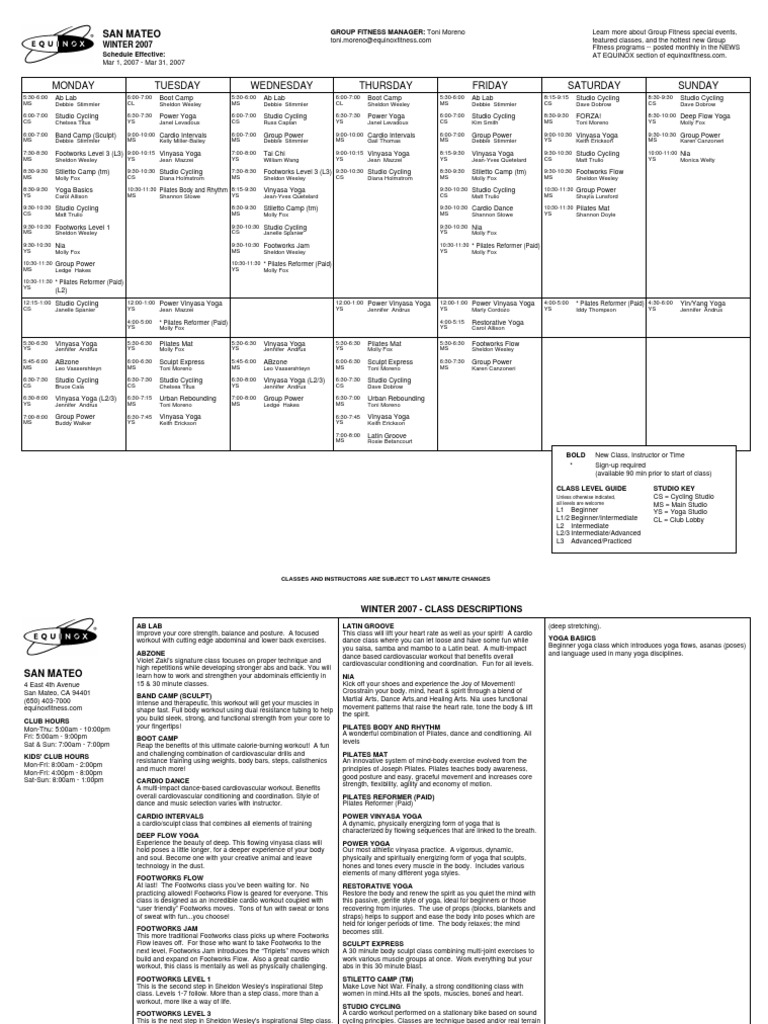 Equinox San Mateo Class Schedule | PDF | Strength Training | Recreation