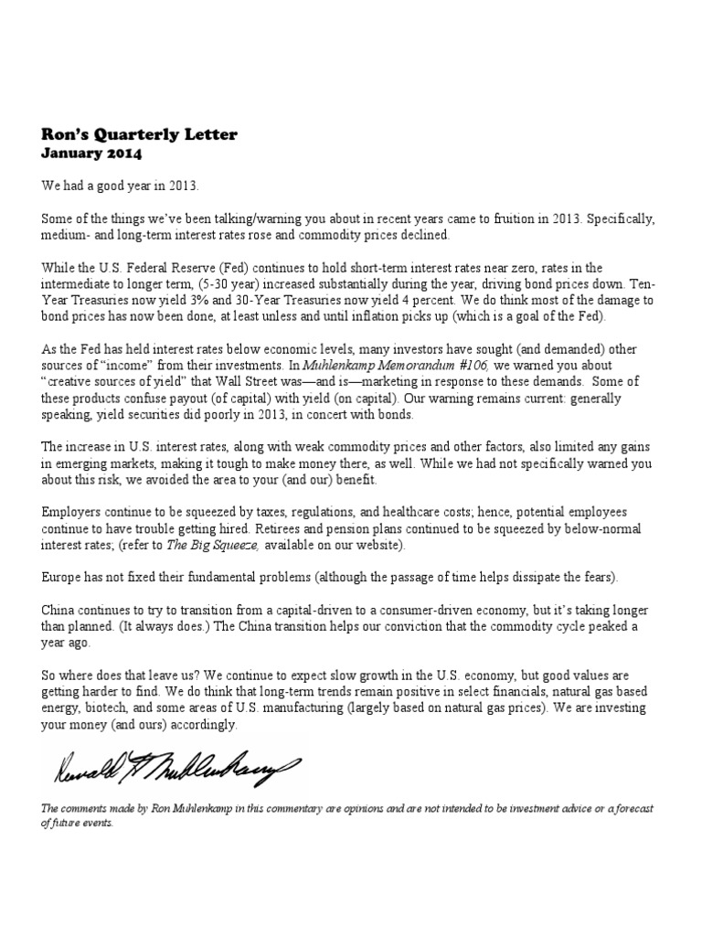 Muhlenkamp 201401 Quarterly Letter | PDF | Interest Rates | Commodity