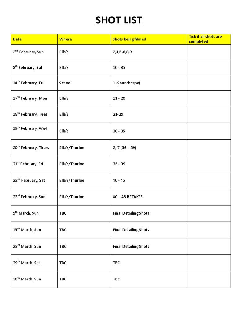 Film Shoot Schedule and Shot List | PDF | Language Arts & Discipline