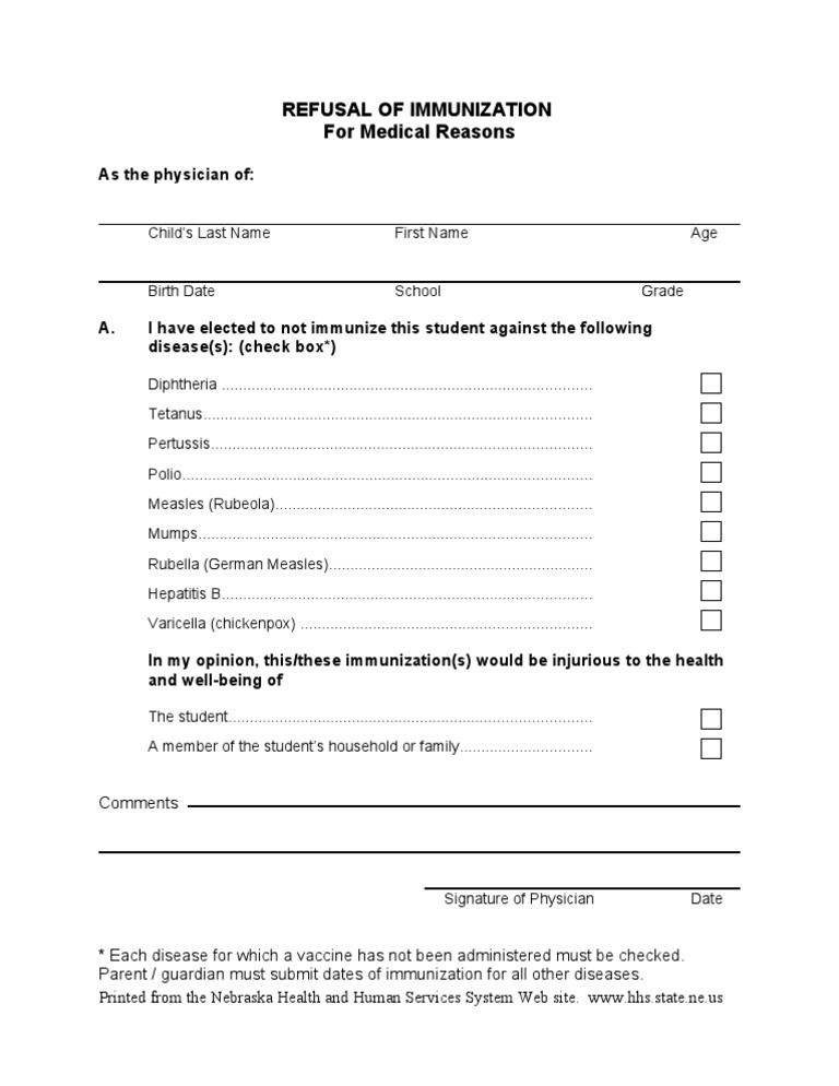 REFUSAL OF IMMUNIZATION For Medical Reasons (Word) | PDF