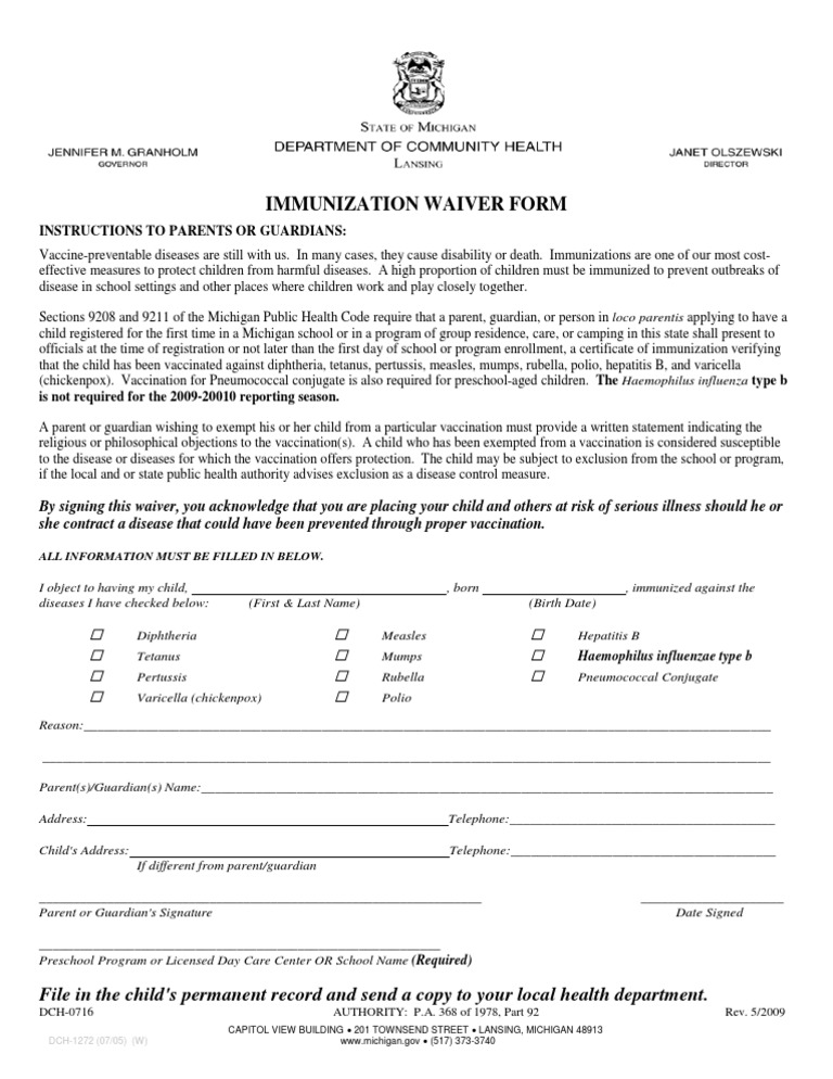 MICHIGAN 2009 IMMUNIZATION WAIVER FORM SS Imm Waiver 2009 | PDF ...