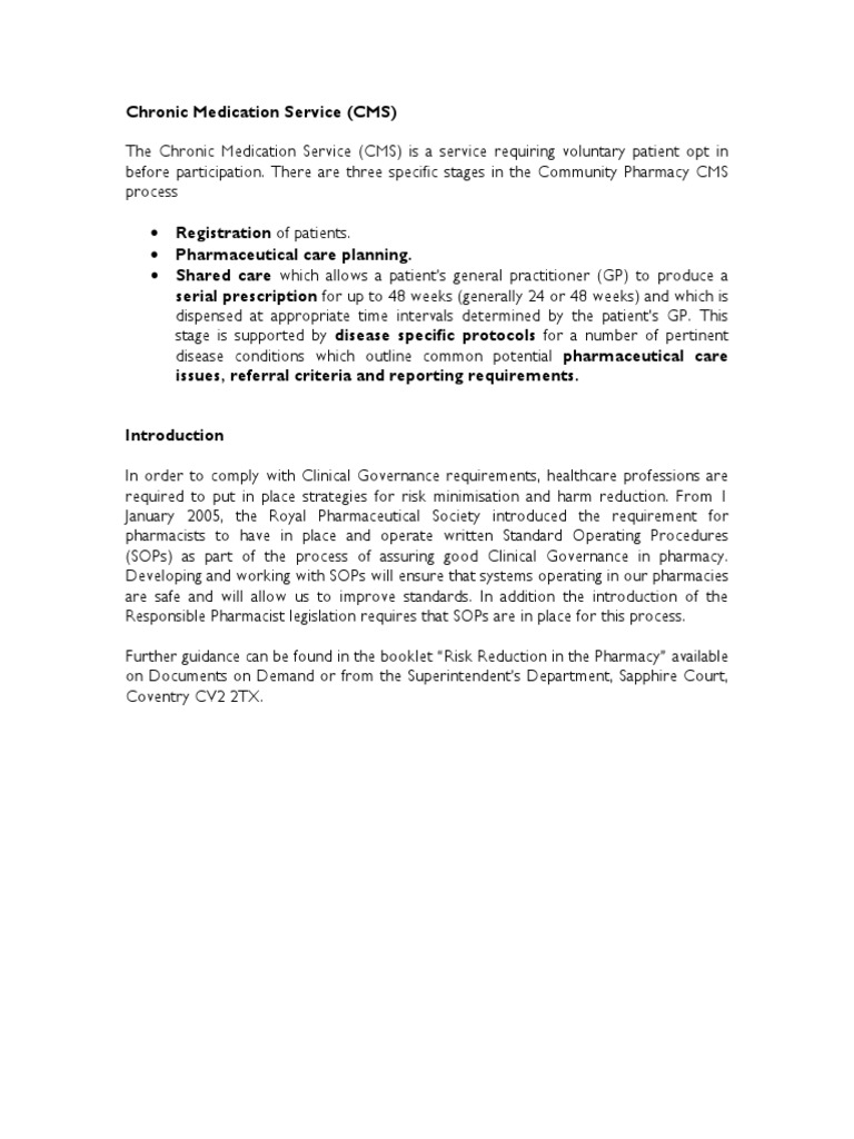 Cms Sop Final | PDF | Pharmacy | Medical Prescription