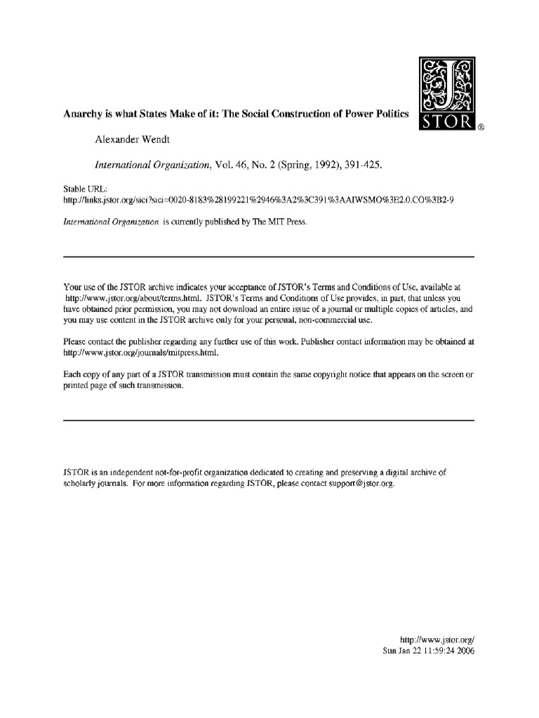 Anarchy Is What States Make of It Alexander Wendt | PDF | Foreign ...