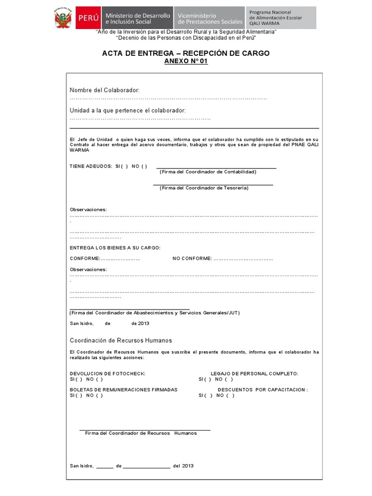 Acta Entrega de Cargo Formato | PDF