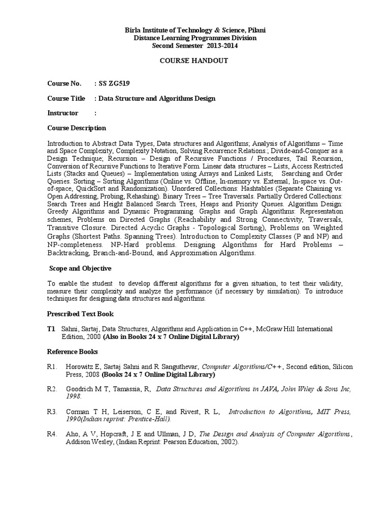 Handout of The Course - Sszg519 | PDF | Data Structure | Algorithms