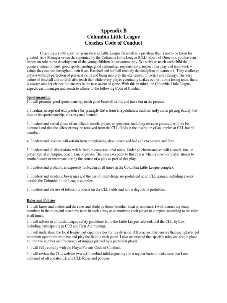 Appendix B Columbia Little League Coaches Code of Conduct ...